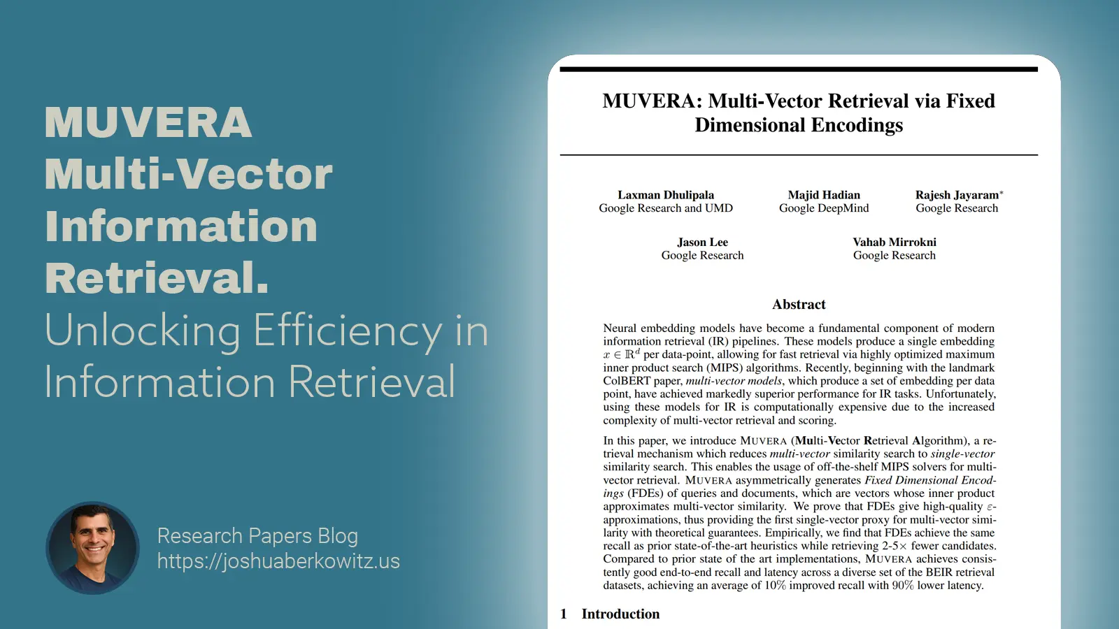 MUVERA Multi-Vector Information Retrieval | Joshua Berkowitz